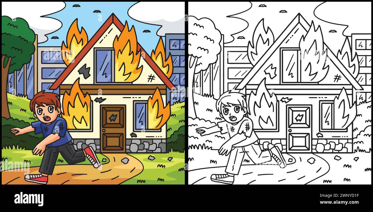 Firefighter Civilian Burning House Illustration Stock Vector Image ...