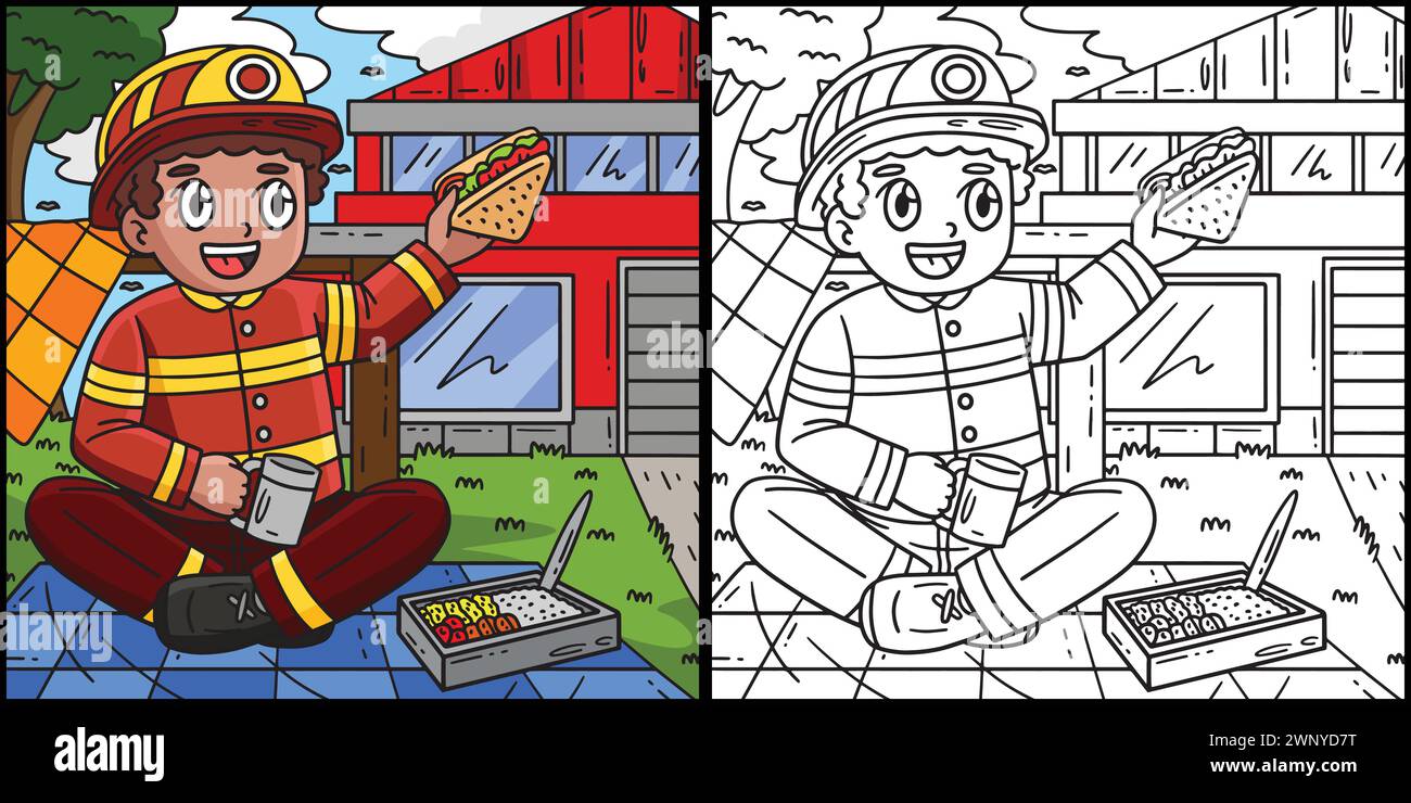 Firefighter Eating Lunch Coloring Illustration Stock Vector Image & Art ...