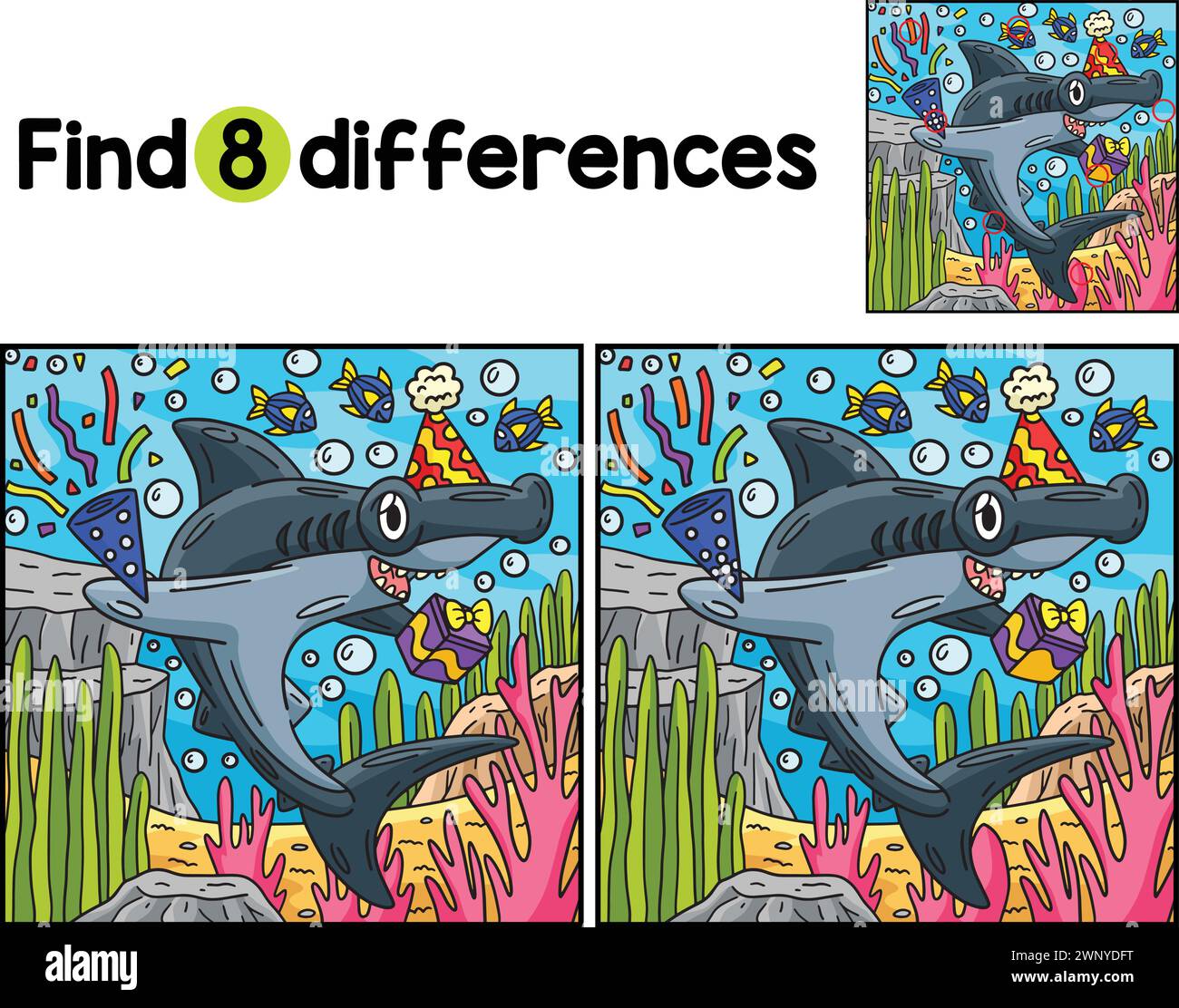 Shark with Party Hat Confetti Find The Differences Stock Vector Image ...