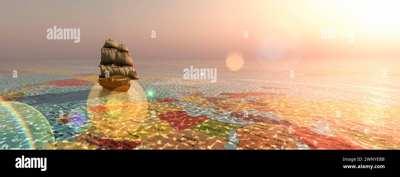 Historic sailing ship on a map with the sun setting, creating a ...