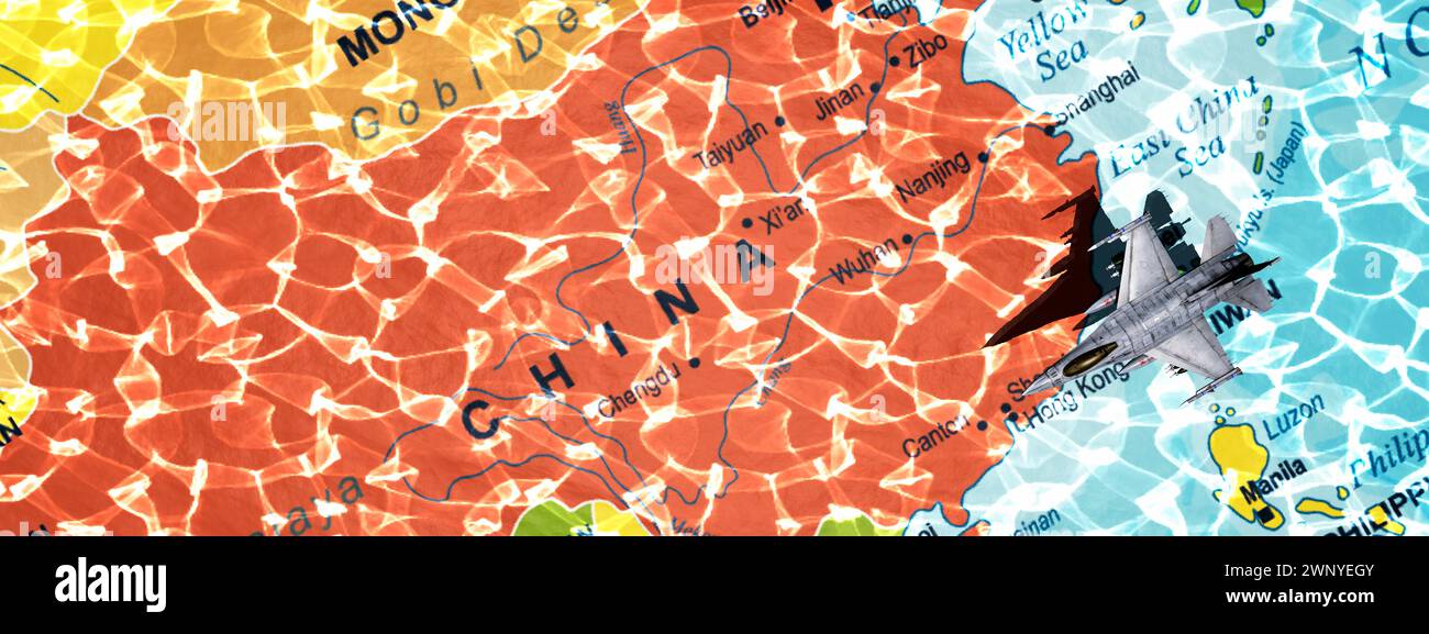 Military jet aircraft in flight over a vivid, textured map highlighting ...