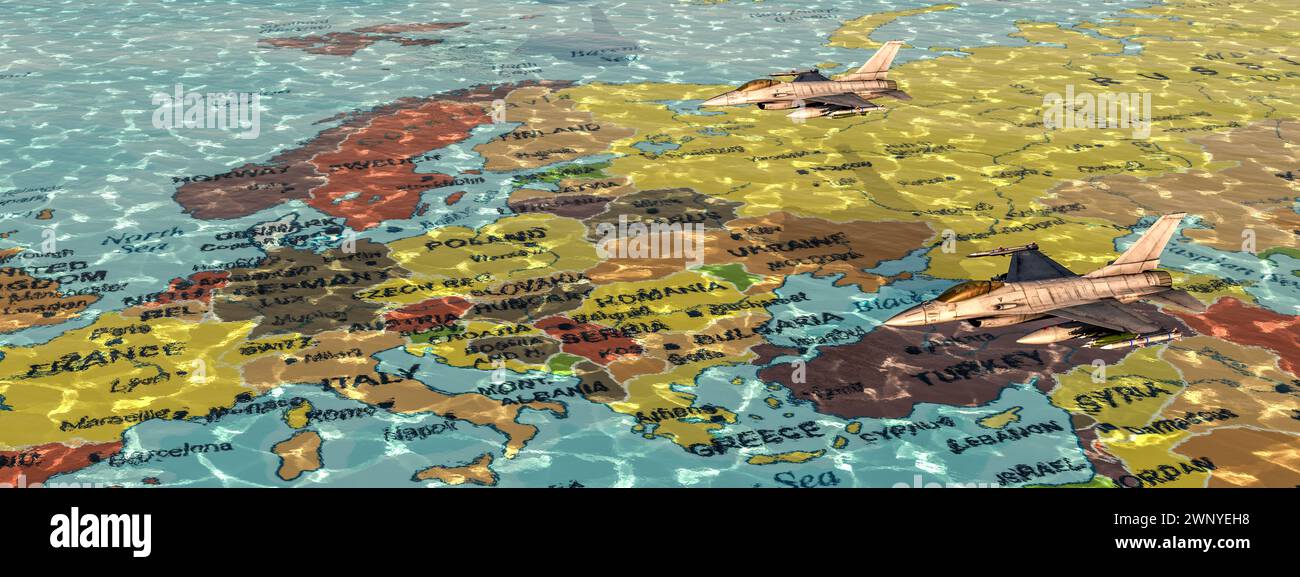 Two military jets flying above a 3D illustrated map of Europe ...