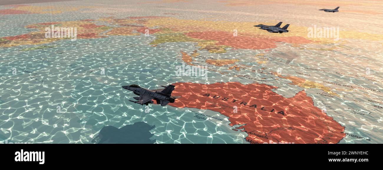 Fighter jets on a mission above a 3D map showcasing Australia's terrain ...