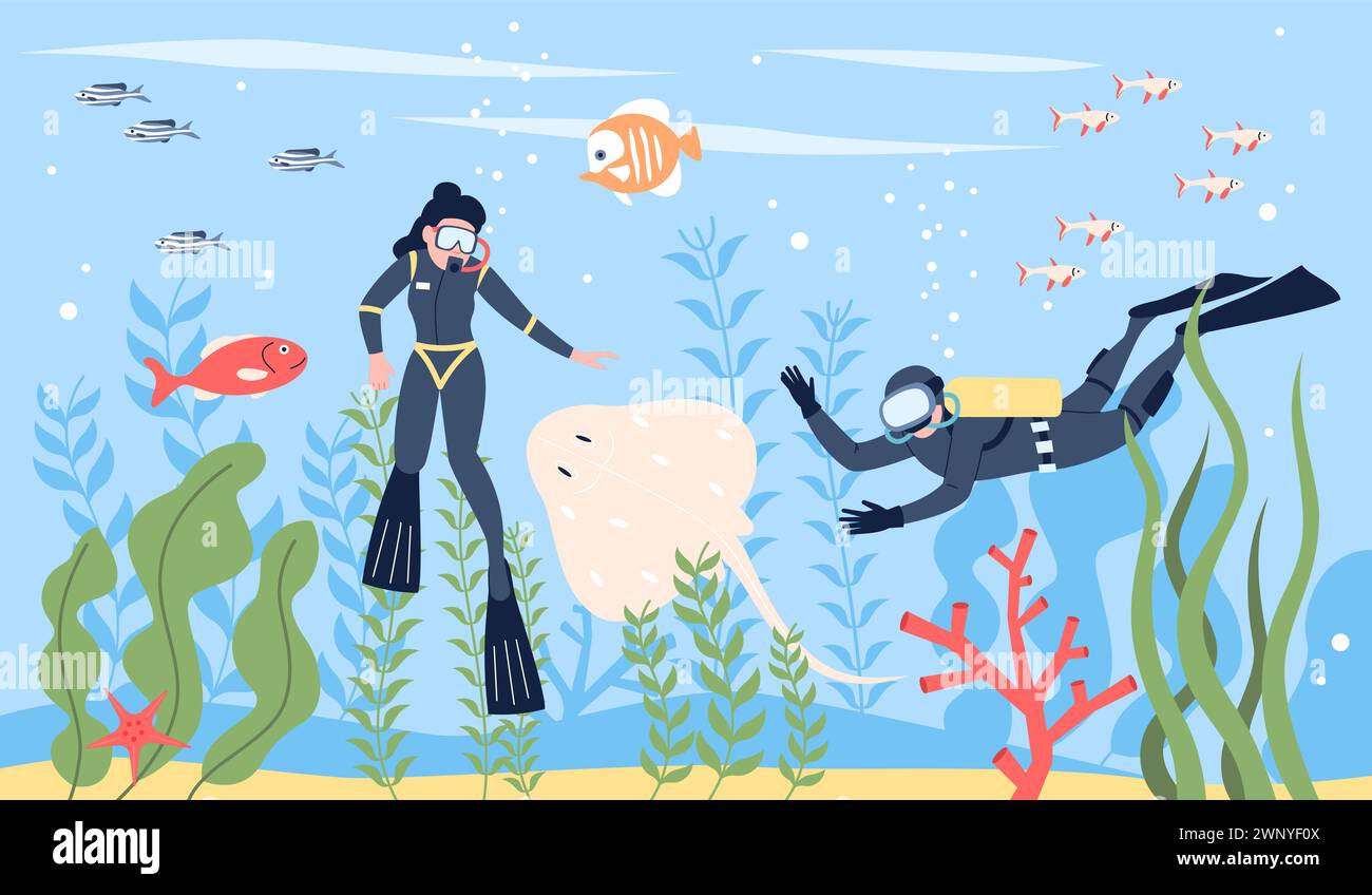 Underwater swimmers swim in ocean. Scuba diving tourists or ...