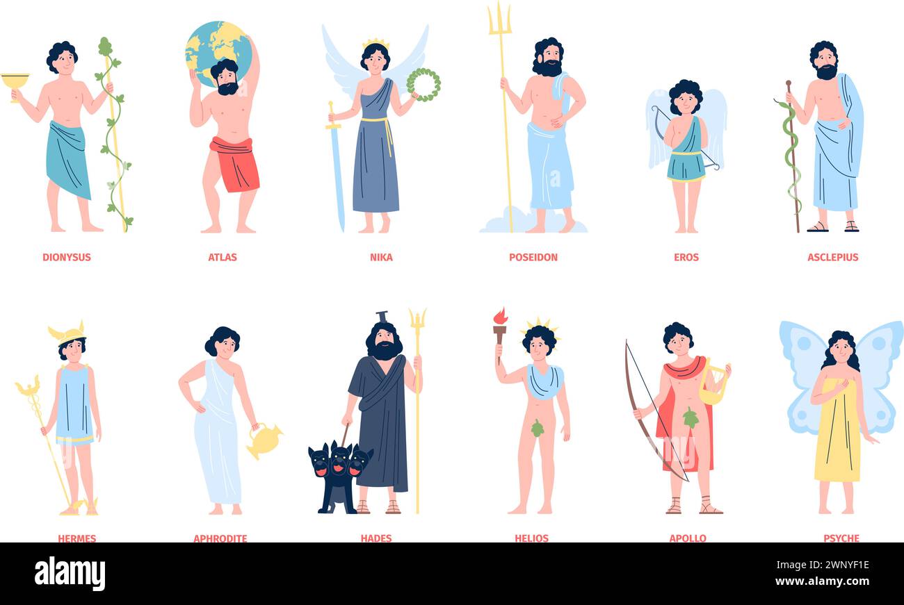 Greek olympian gods and goddess. Mythology of Greece cartoon characters. Cute Eros and Psyche ...