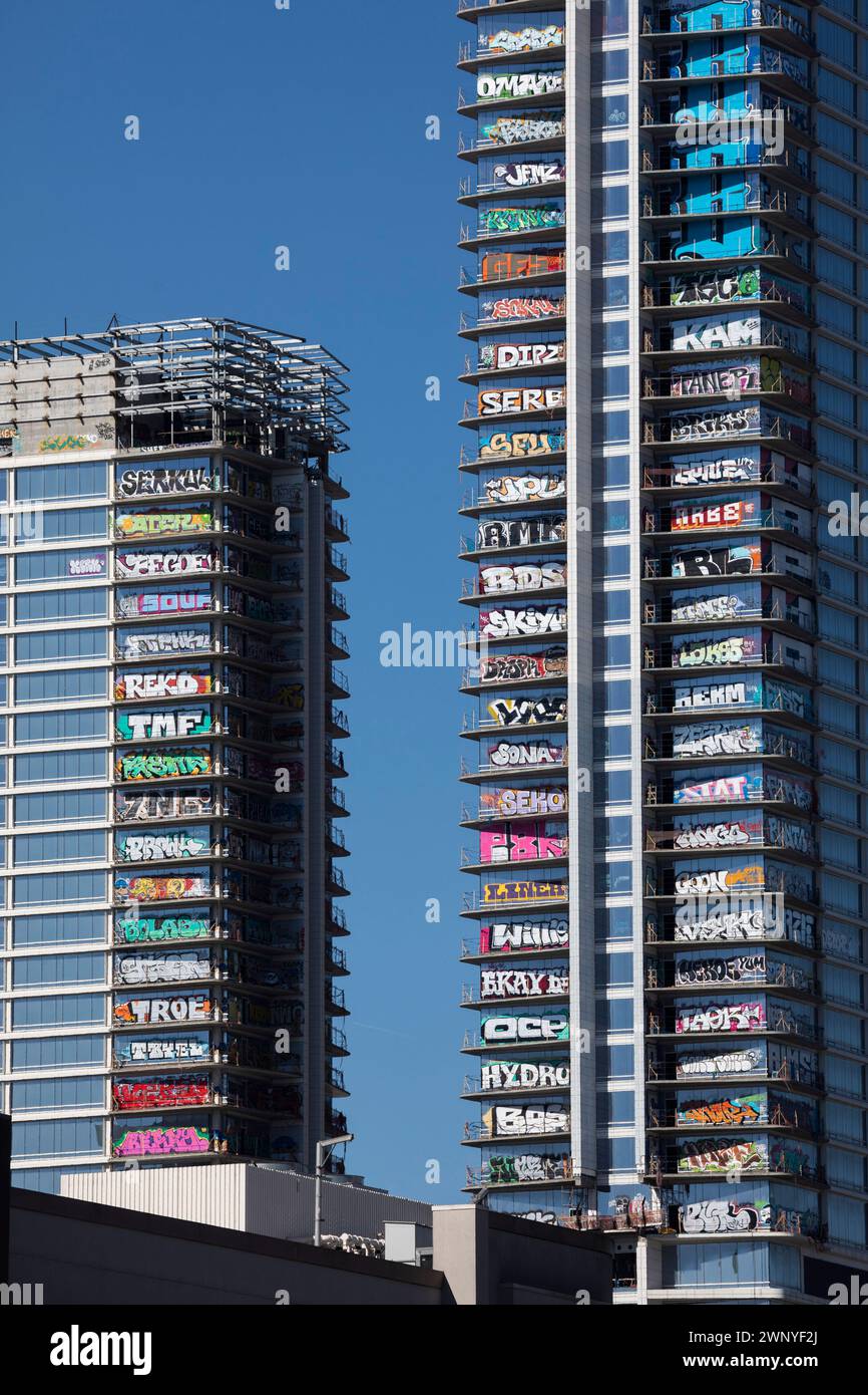 Oceanwide Plaza, nicknamed Tagger Tower, near Crypto.com arena and LA ...