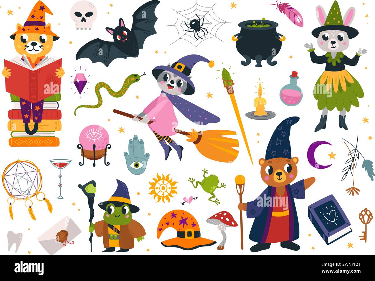 Animals wizards with magic tools. Witches on broom and with magical ...
