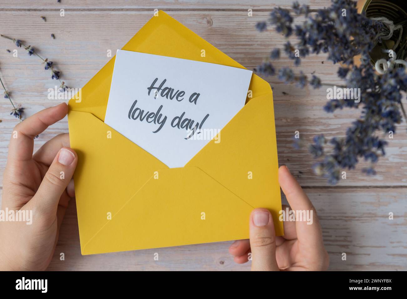 Female hands taking paper card note with text HAVE A LOVELY DAY from ...