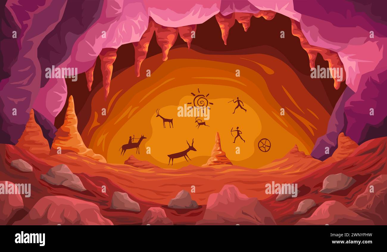 Cave rock art. Prehistoric human primitive drawing on stone wall ...