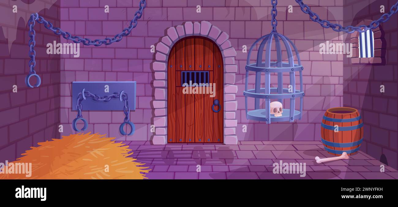 Medieval prison. Cartoon donjon cell interior, fort dungeon jail chain ...