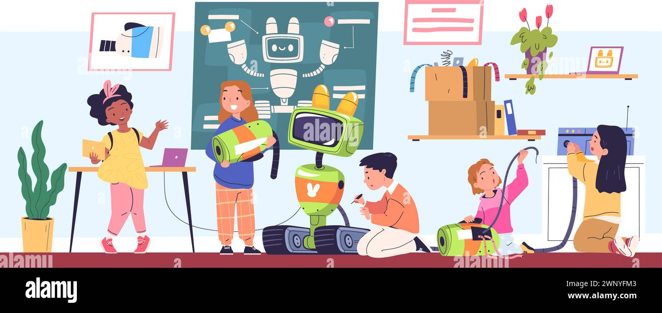 Children assemble robots. Kids create robot, child engineering school project mechanic robotic ...