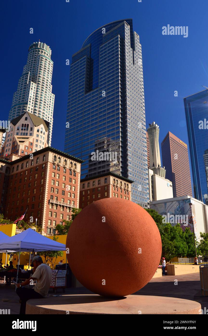 A large sphere sits at the center of Pershing Square in Los Angeles ...