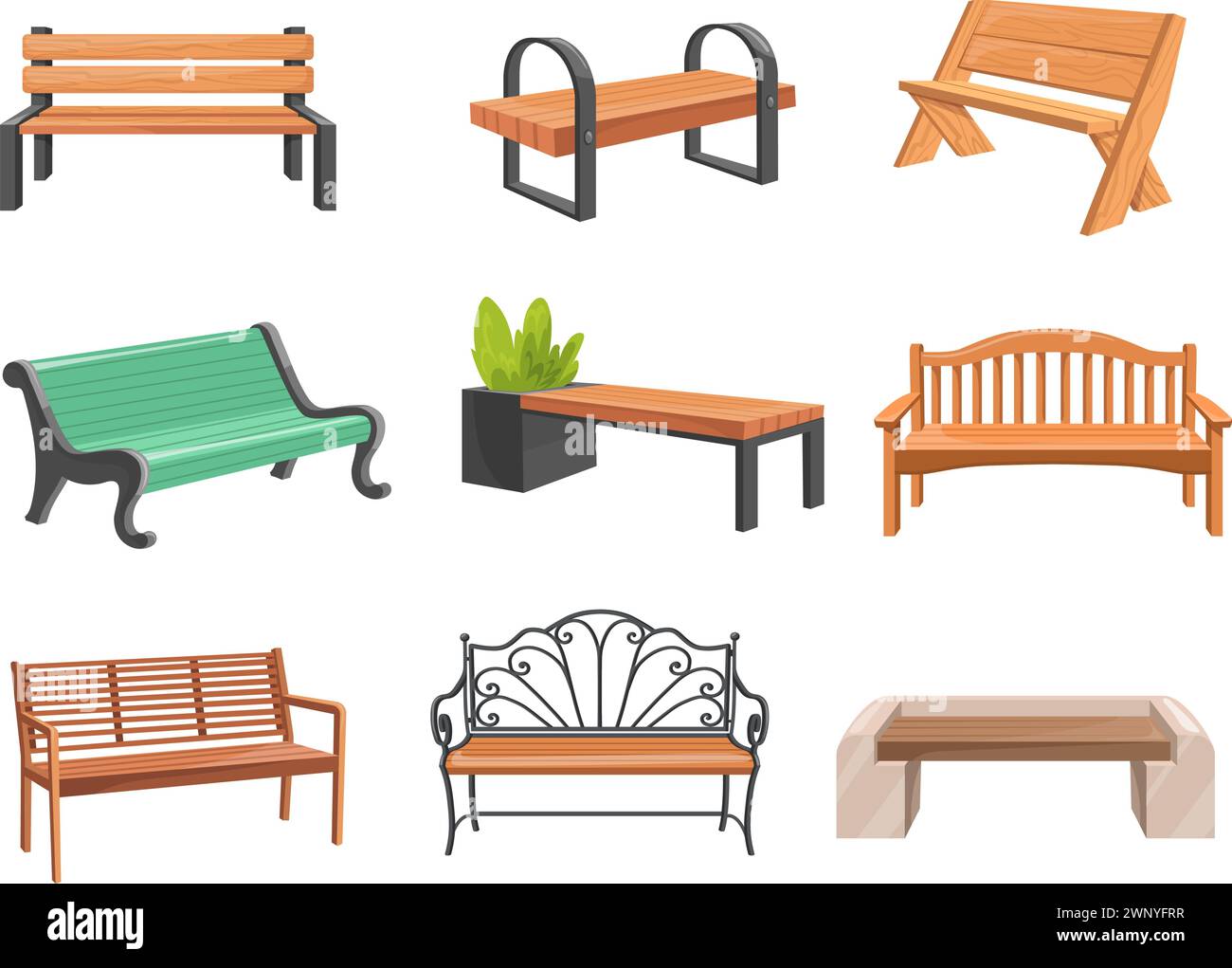 Cartoon wooden benches. Wood bench set, street relaxation place garden ...