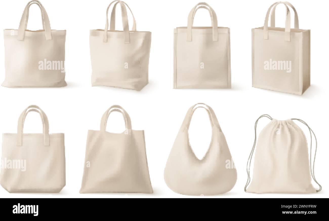 Realistic fabric bags. Canvas totebag black hessian jute bag, fashion ...