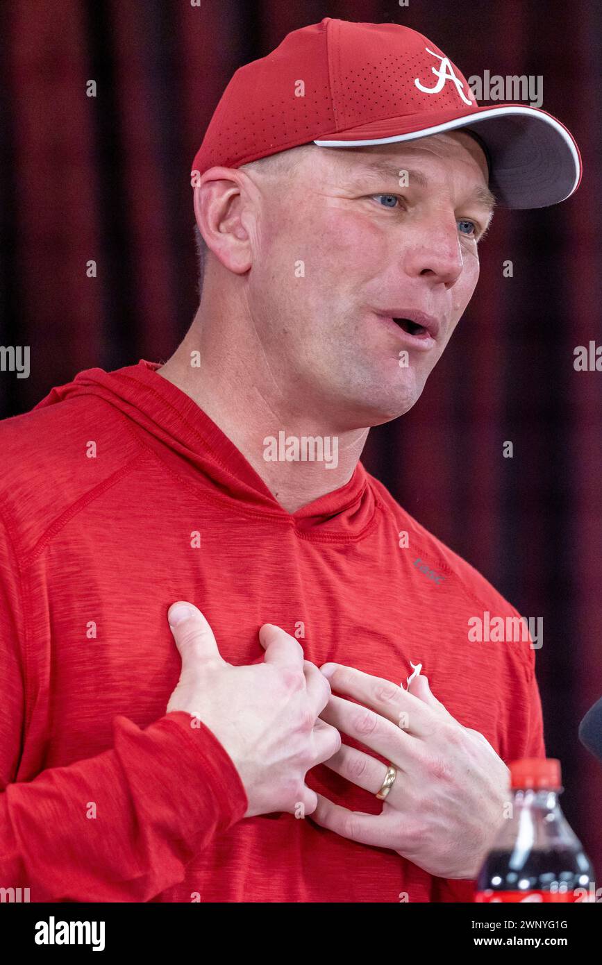 Alabama football head coach Kalen DeBoer talks with the media after ...