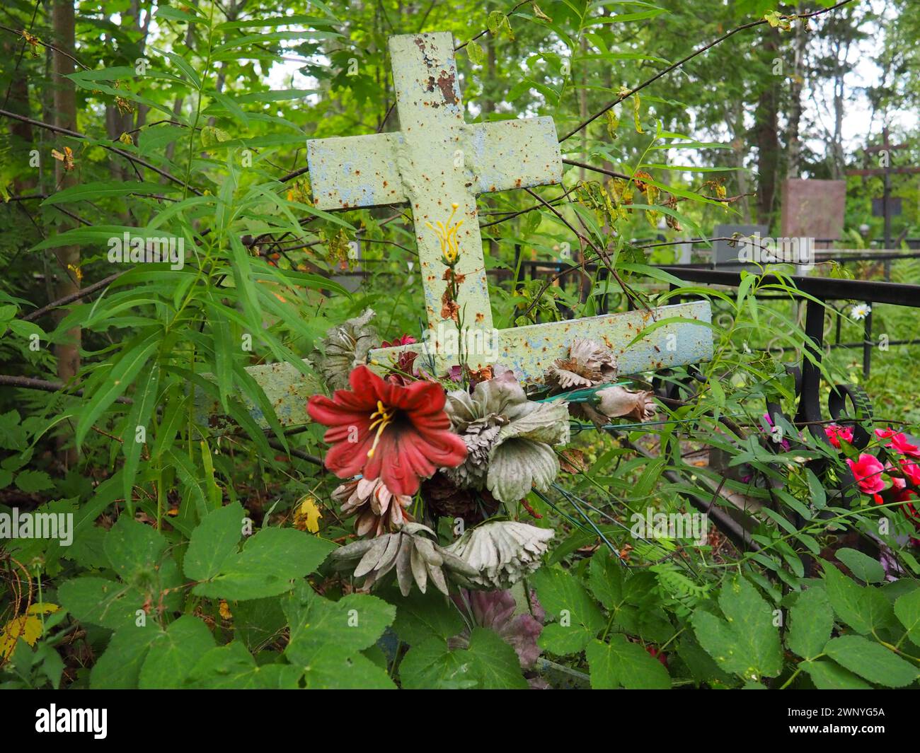 Artificial multi-colored flowers on the grave. Overgrown with grass old ...