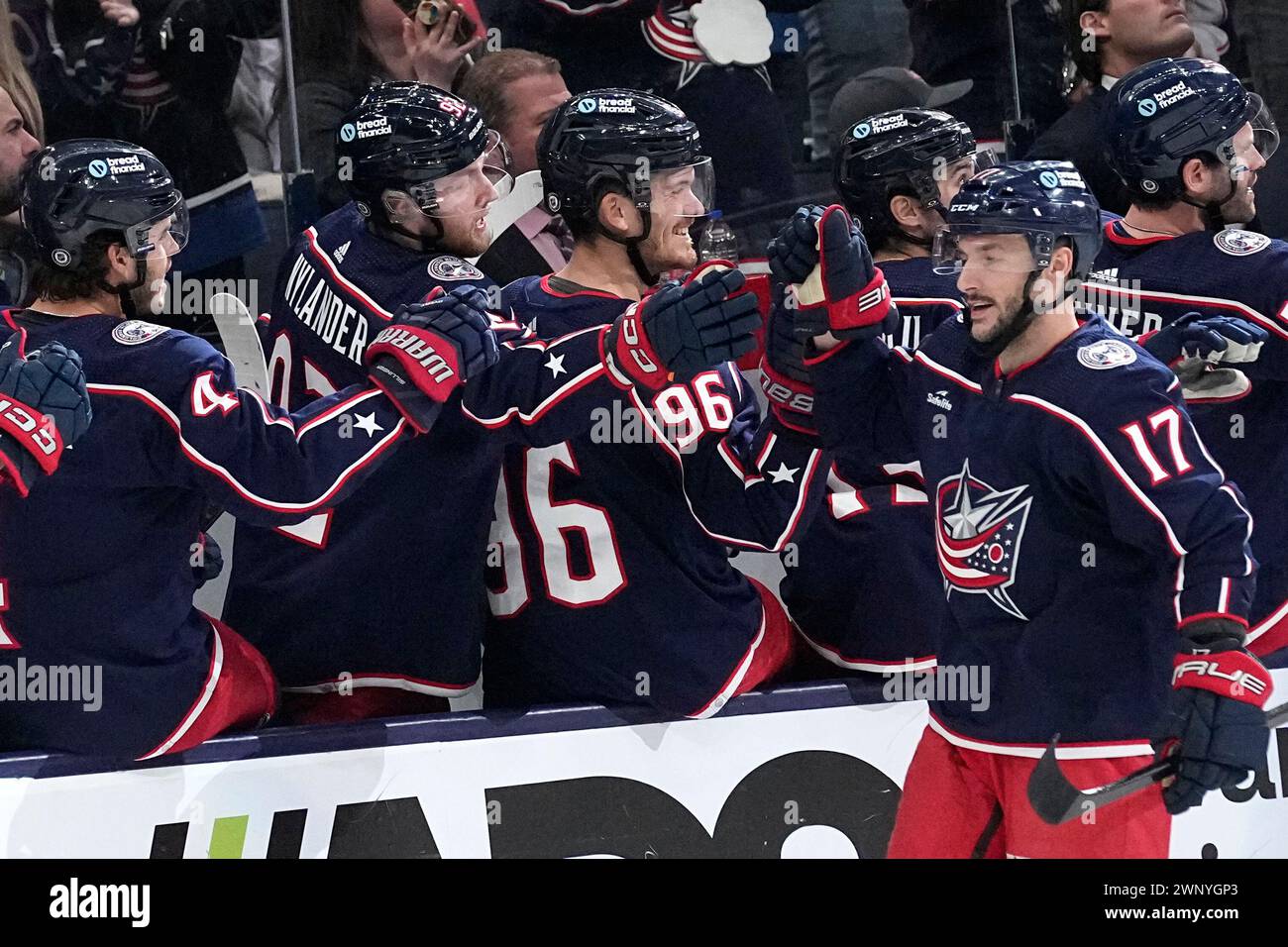 Columbus Blue Jackets right wing Justin Danforth (17) celebrates after ...