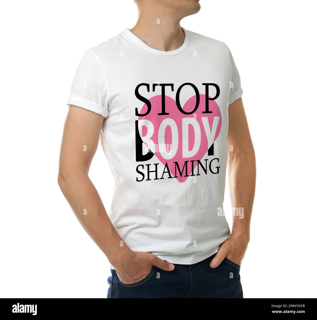 Man in t-shirt with words Stop Body Shaming on white background ...