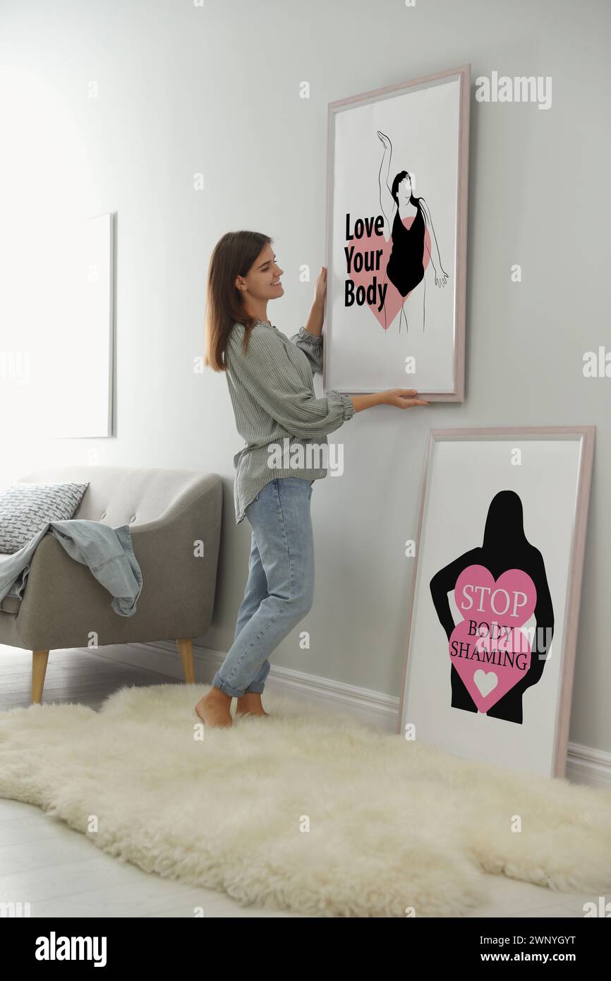 Stop body shaming and love yourself. Smiling woman hanging body ...