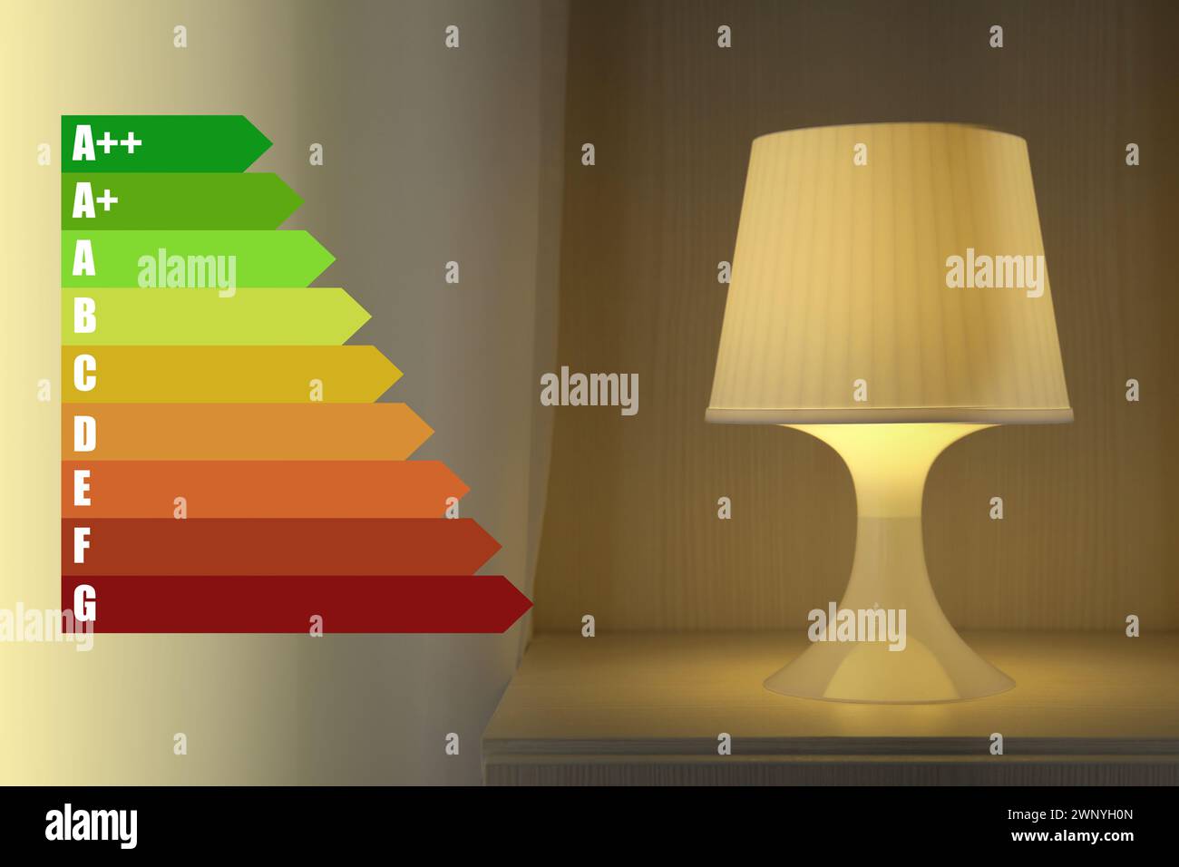 Energy efficiency rating label and lamp on bedside table indoors Stock ...