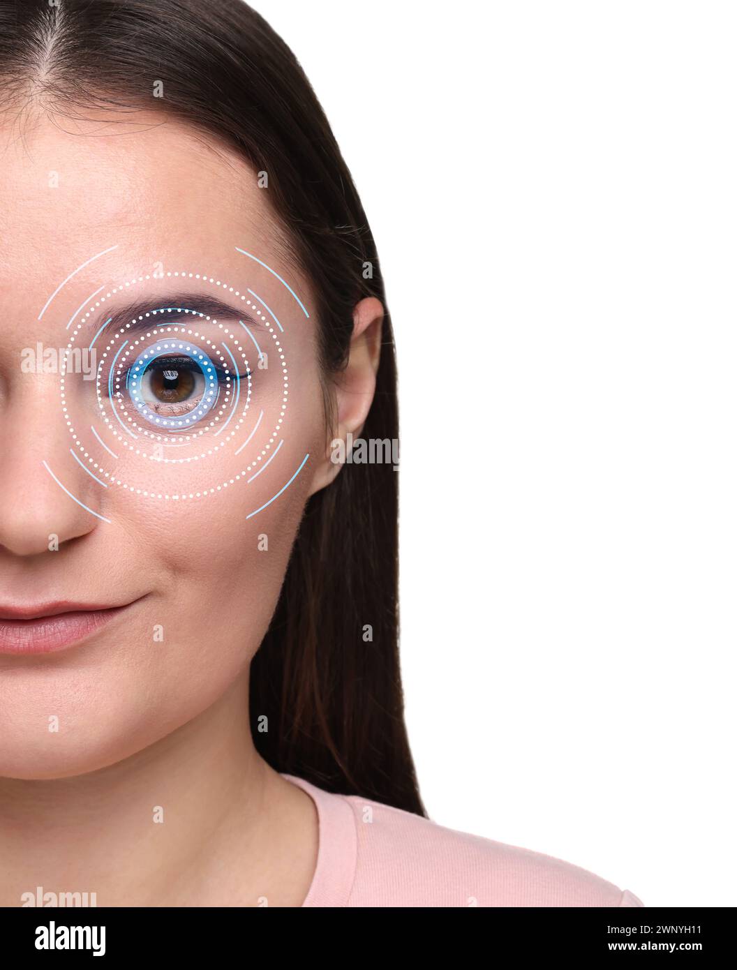 Vision test. Woman and digital scheme focused on her eye against white ...