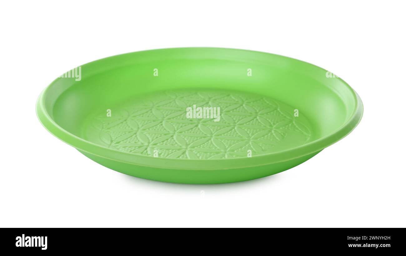 Disposable green plastic plate isolated on white Stock Photo - Alamy