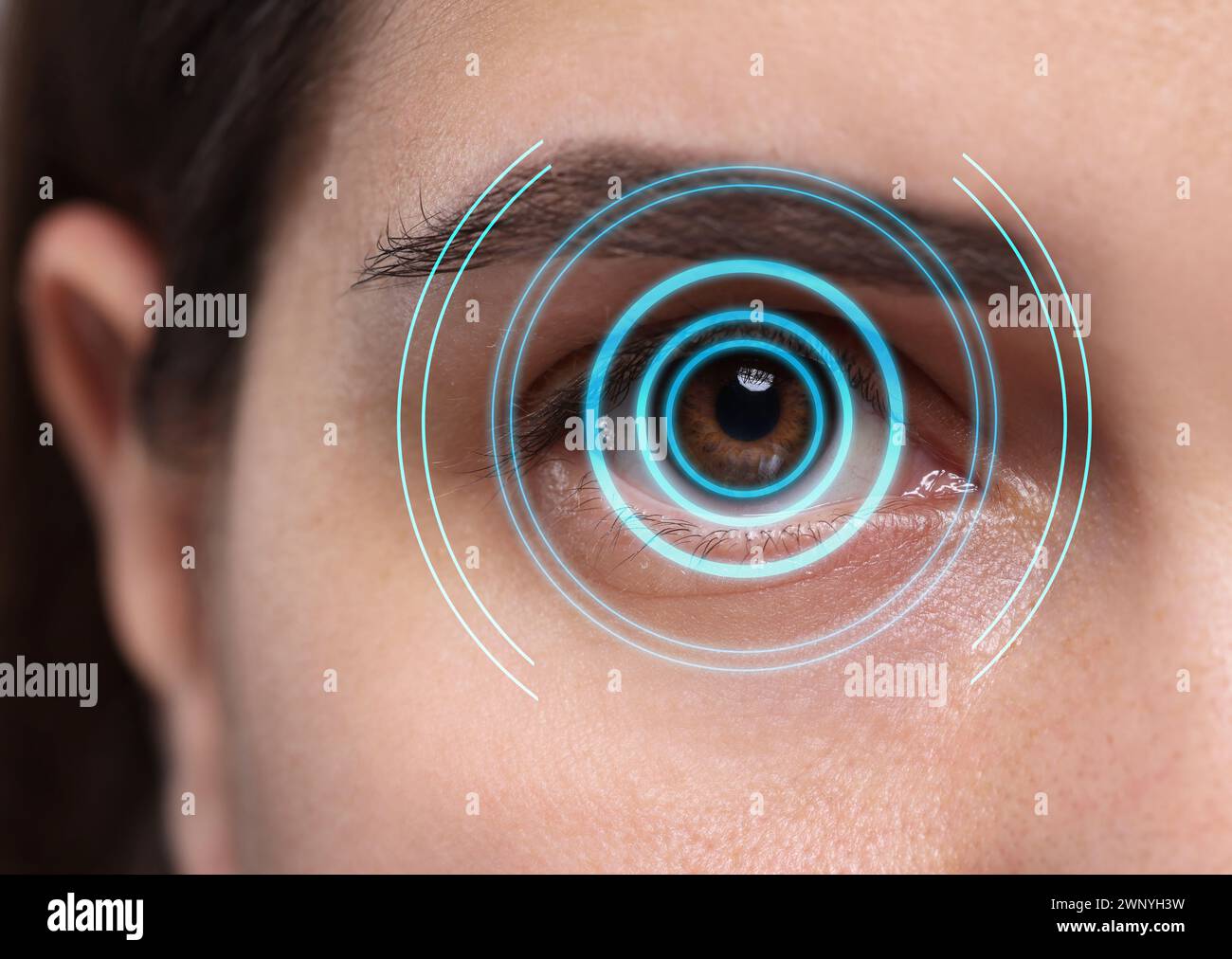 Vision test. Woman and digital scheme focused on her eye, closeup Stock ...
