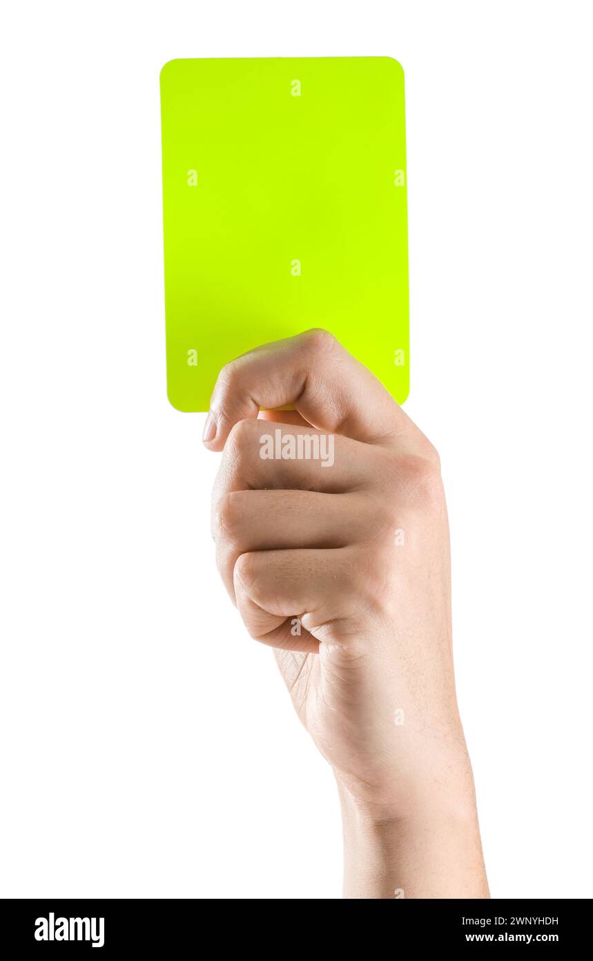 Referee holding yellow card on white background, closeup Stock Photo ...