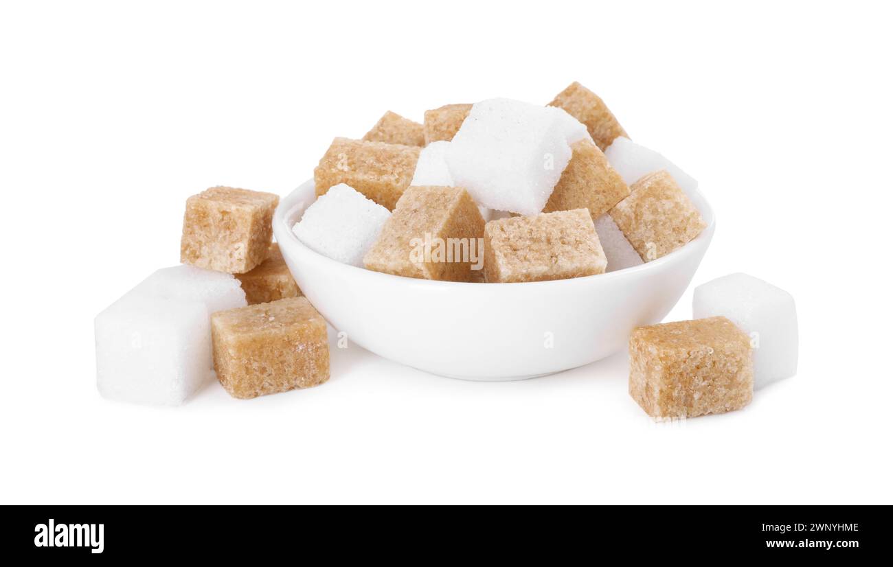 Different types of sugar in bowl isolated on white Stock Photo - Alamy