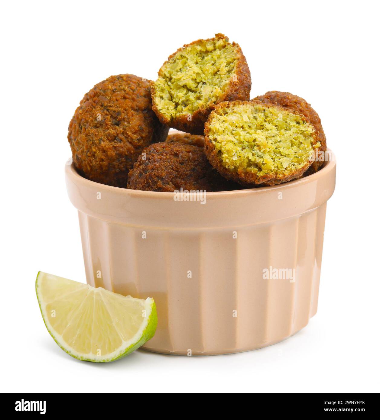 Delicious falafel balls in bowl and lime slice isolated on white Stock ...
