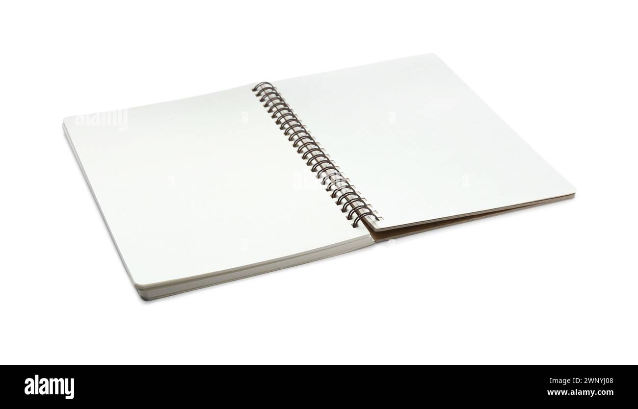 One open notebook with blank pages isolated on white Stock Photo - Alamy