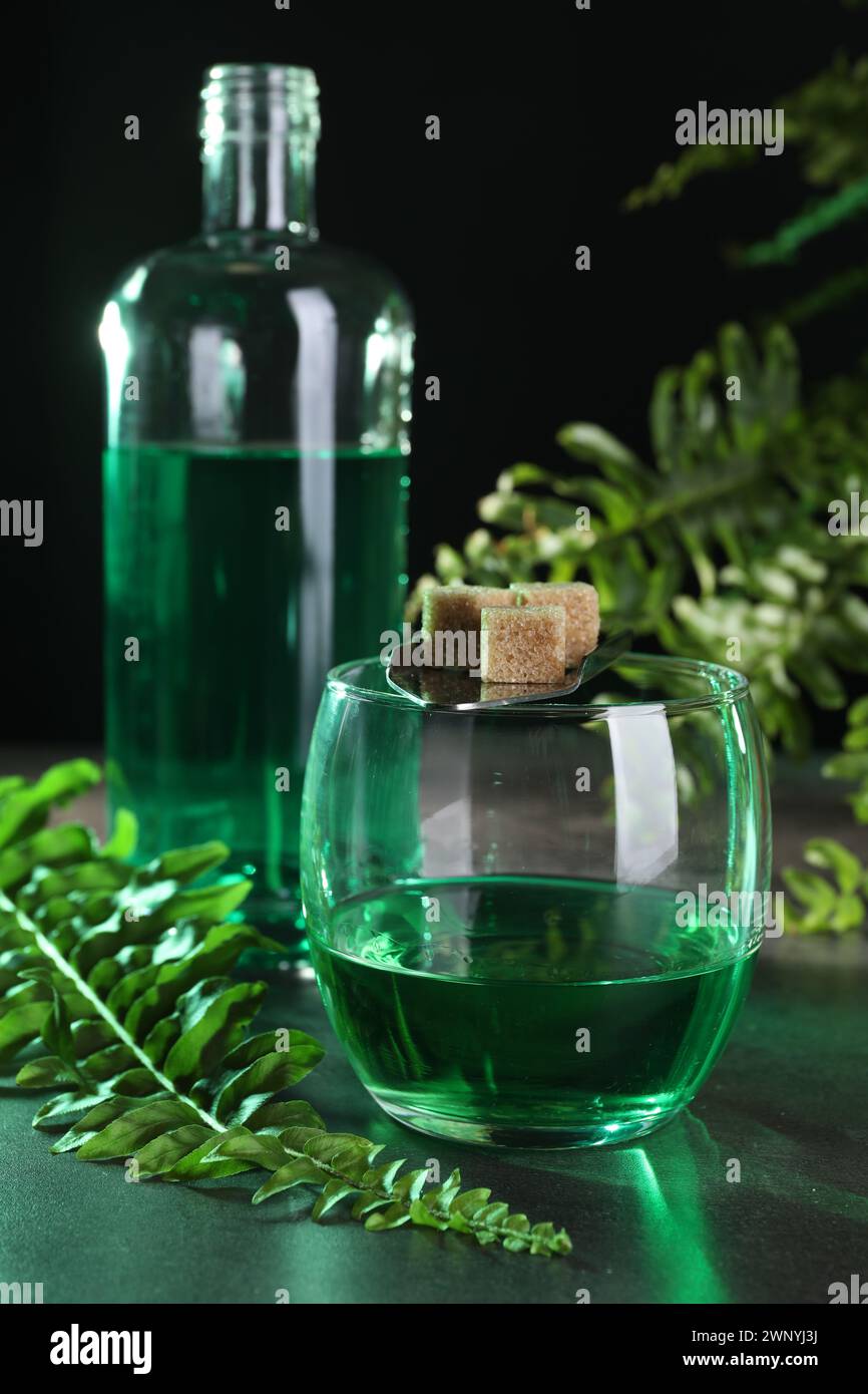 Absinthe in glass, spoon with brown sugar cubes and fern leaves on gray ...