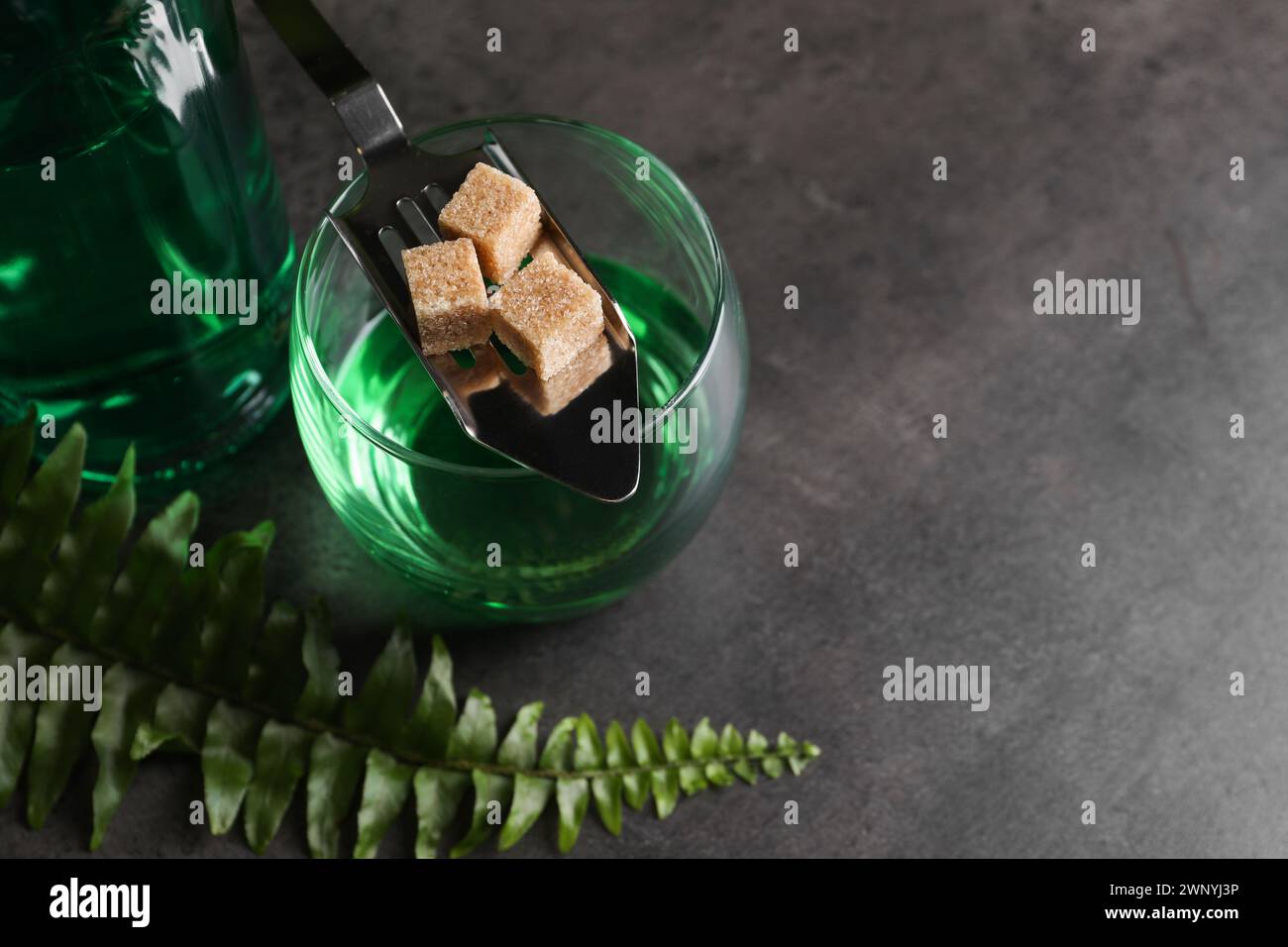 Absinthe in glass, spoon, brown sugar cubes, and fern leaf on gray ...