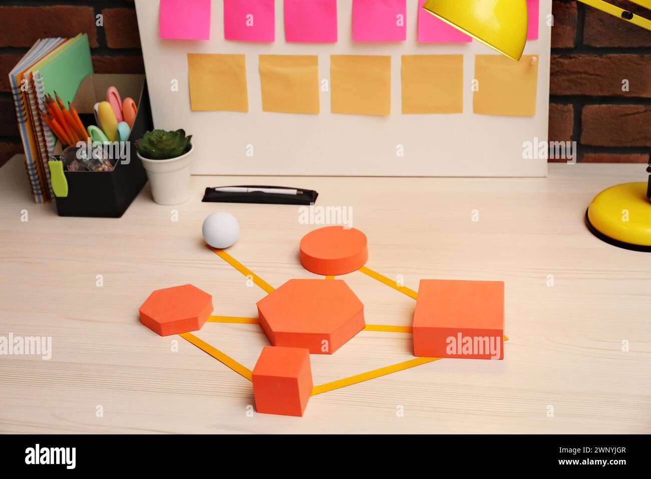 Business process scheme with geometric figures and stationery on wooden ...
