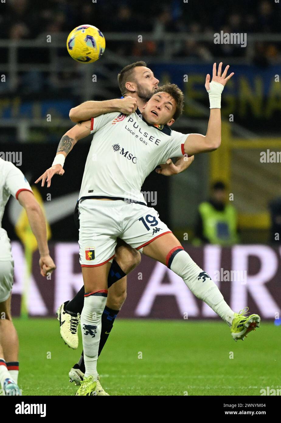 Milan, Italy. 4th Mar, 2024. FC Inter's Stefan De Vrij (L) vies with ...