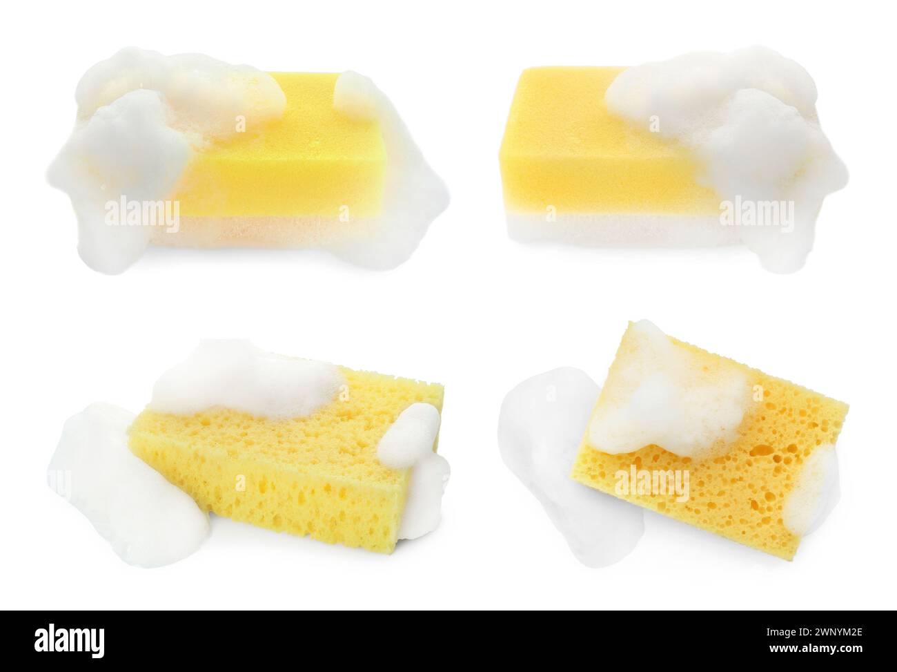 Yellow sponges with foam isolated on white, set Stock Photo - Alamy