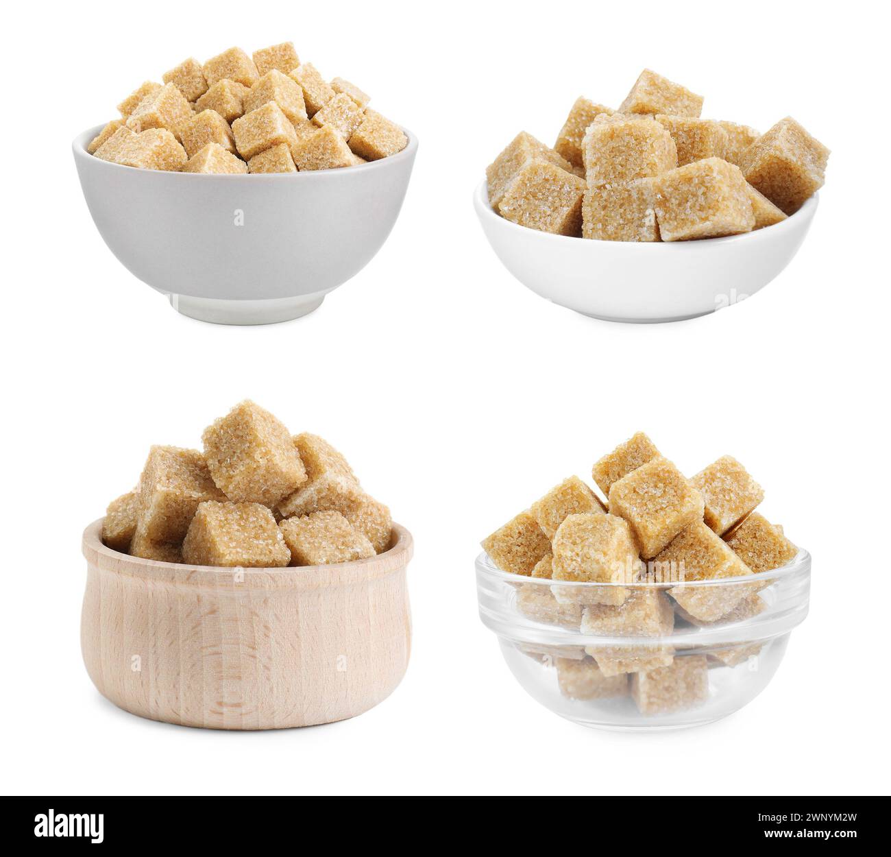Brown sugar cubes in bowls isolated on white, set Stock Photo - Alamy