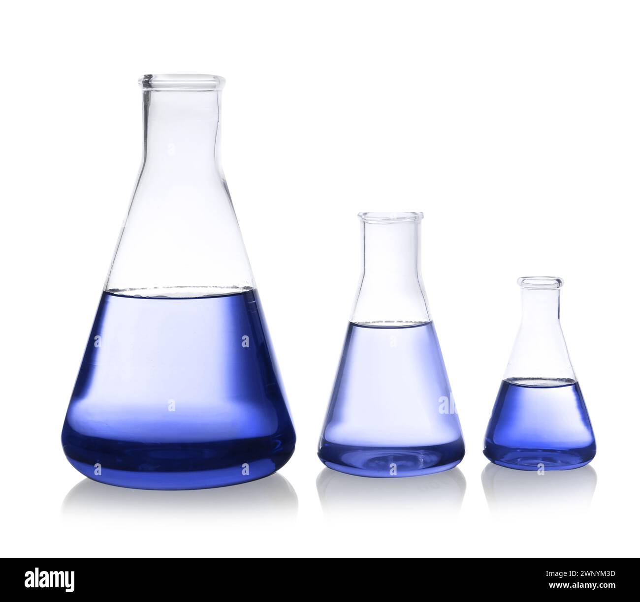 Conical flasks with blue liquid isolated on white. Laboratory glassware ...