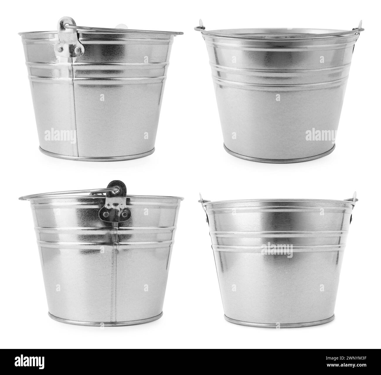Shiny metal buckets isolated on white, set Stock Photo - Alamy