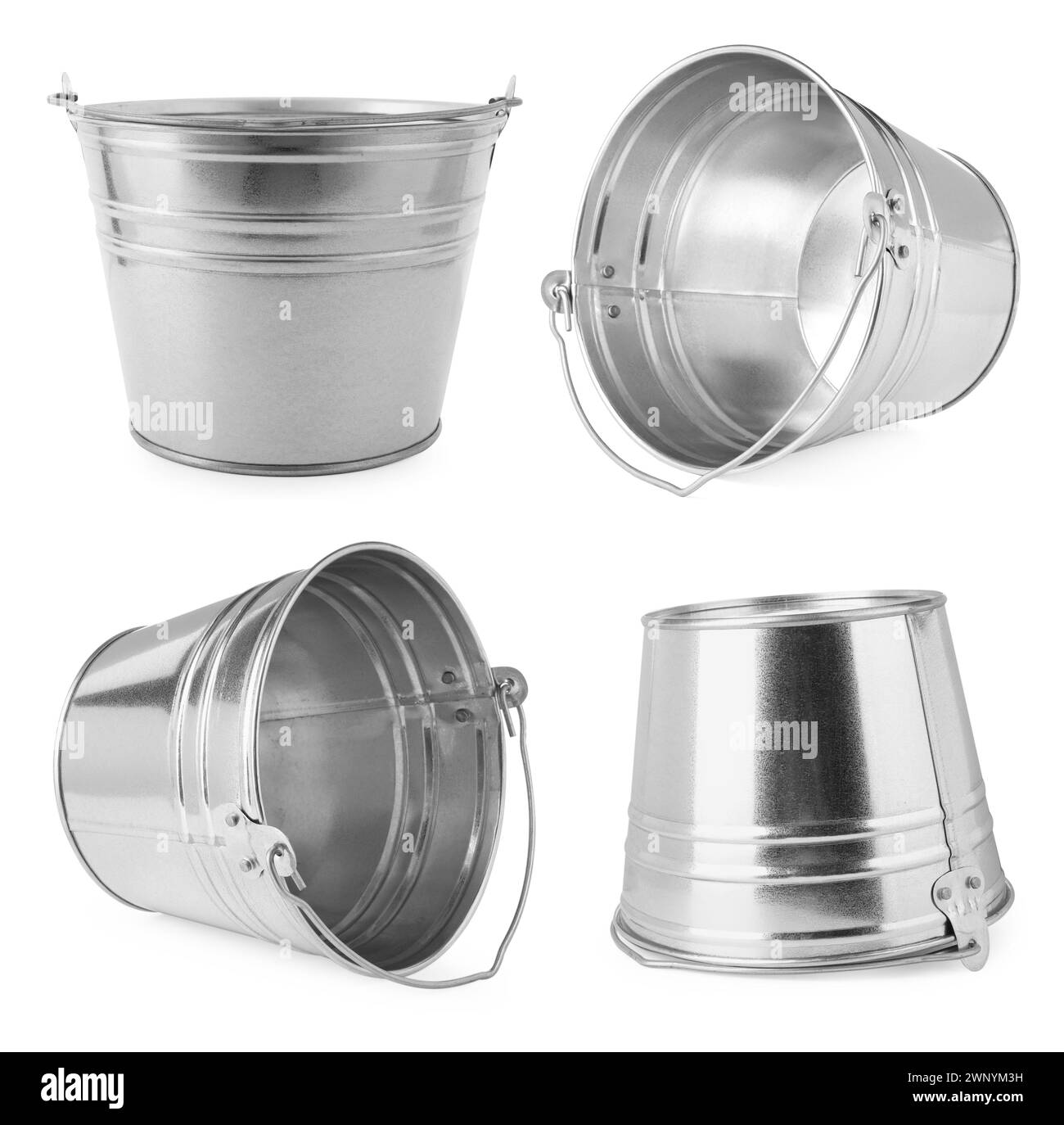 Shiny metal buckets isolated on white, set Stock Photo - Alamy