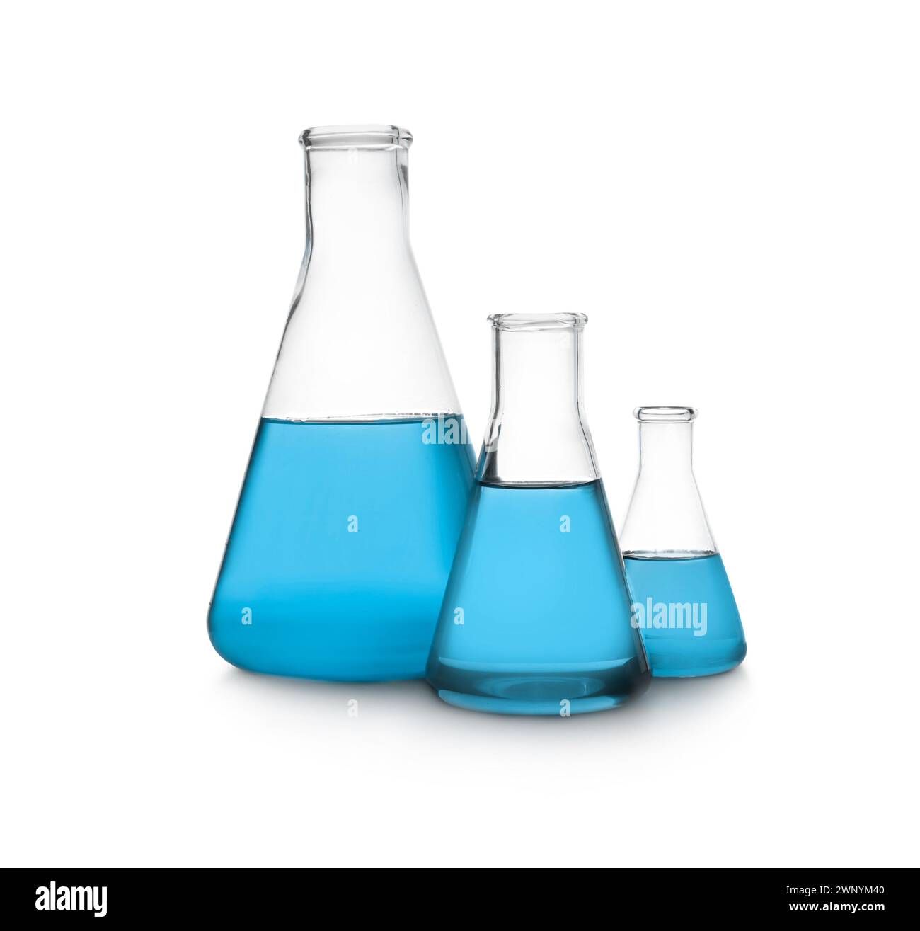 Conical flasks with light blue liquid isolated on white. Laboratory ...