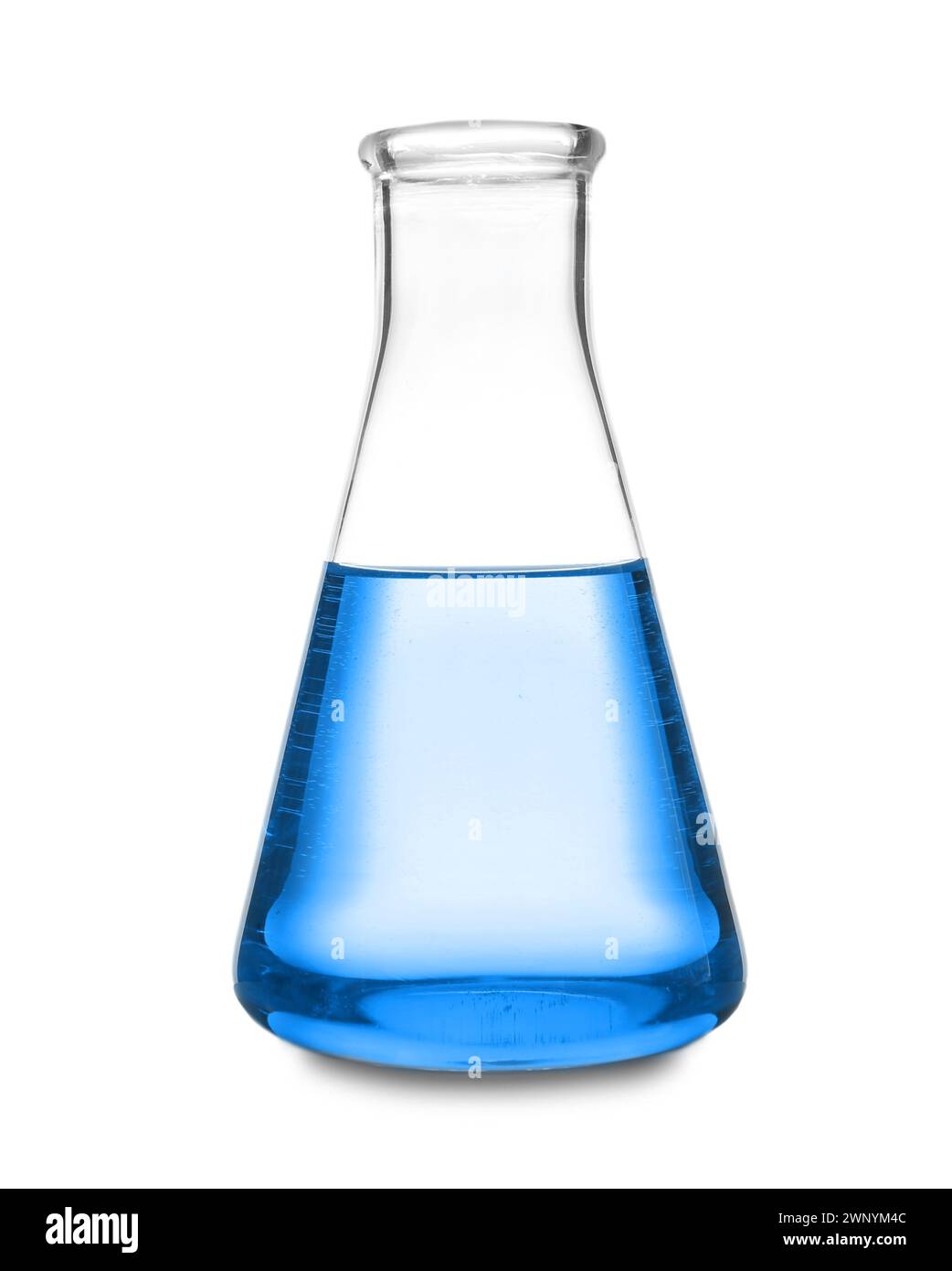 Conical flask with blue liquid isolated on white. Laboratory glassware ...