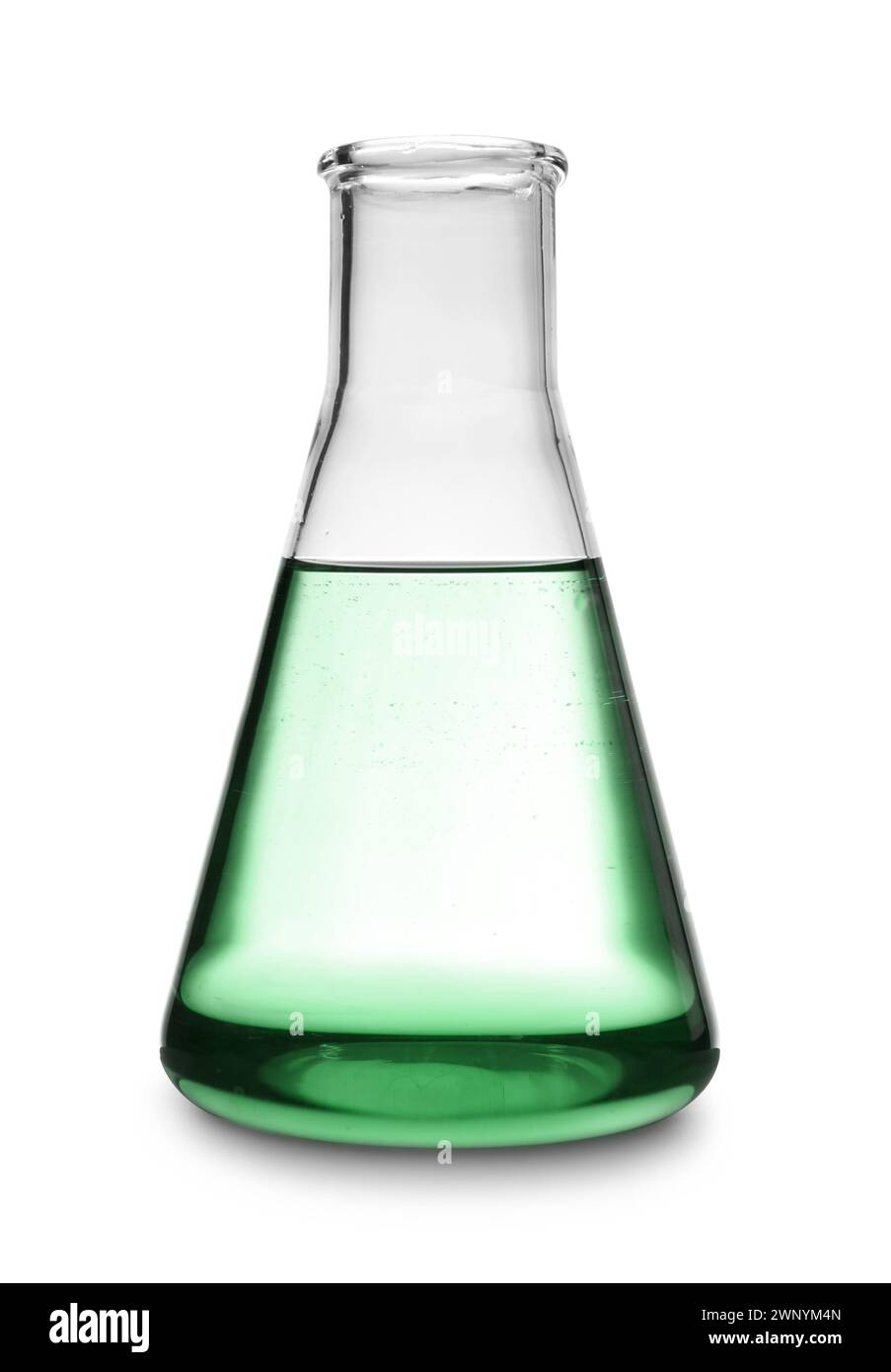 Conical flask with green liquid isolated on white. Laboratory glassware ...
