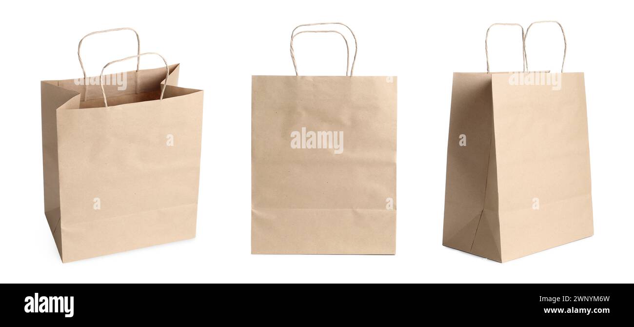 Kraft paper bags isolated on white, set Stock Photo - Alamy