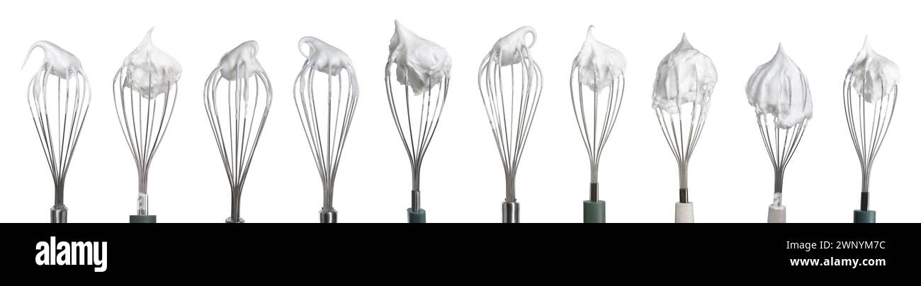 Many different whisks with cream isolated on white, collection Stock ...