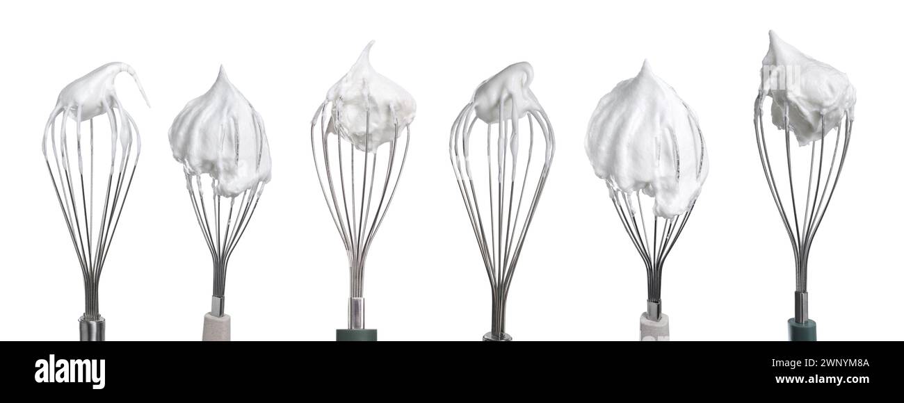 Many different whisks with cream isolated on white, collection Stock ...