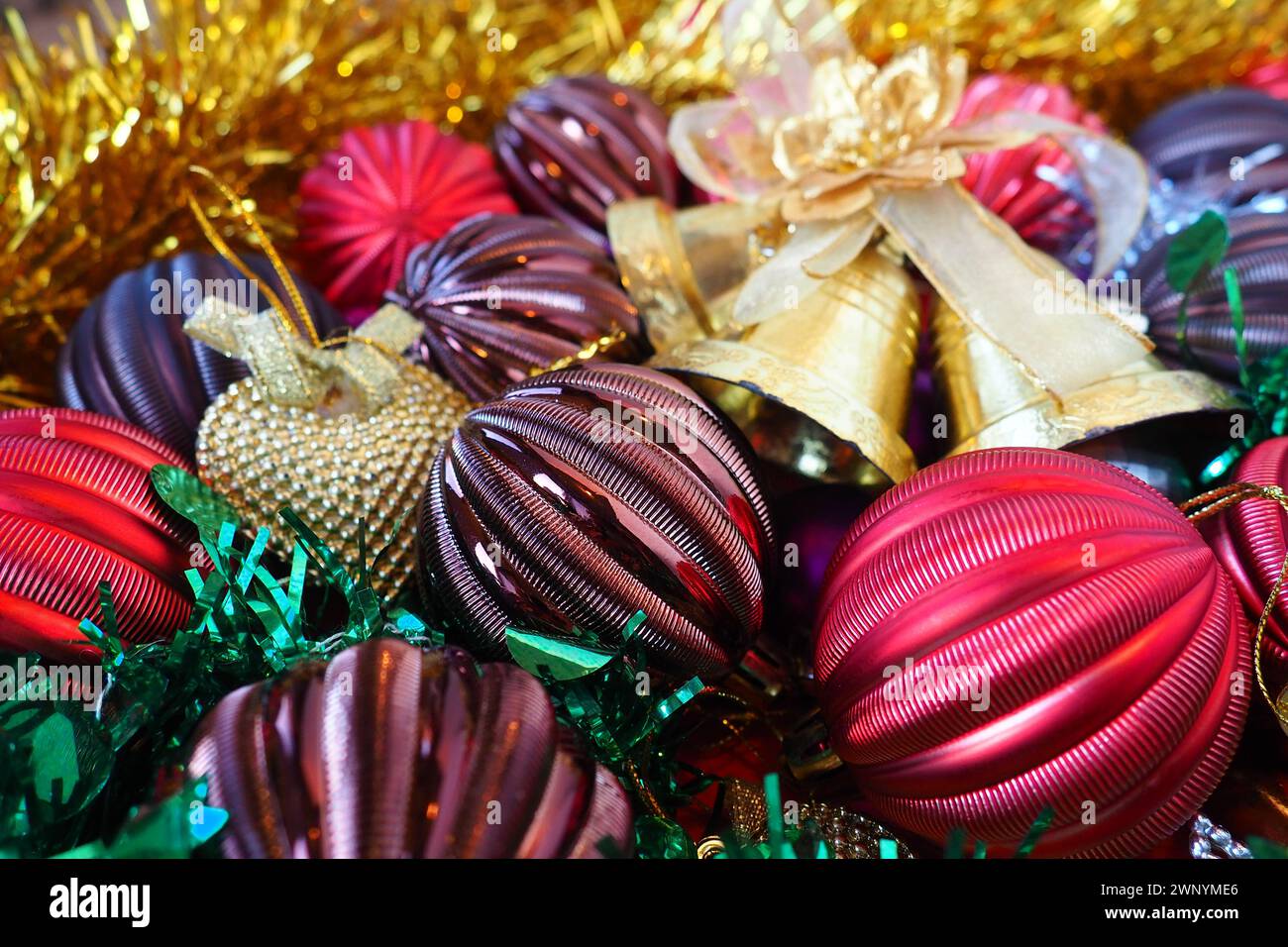 Christmas background with Christmas decorations, holiday balls, bells ...