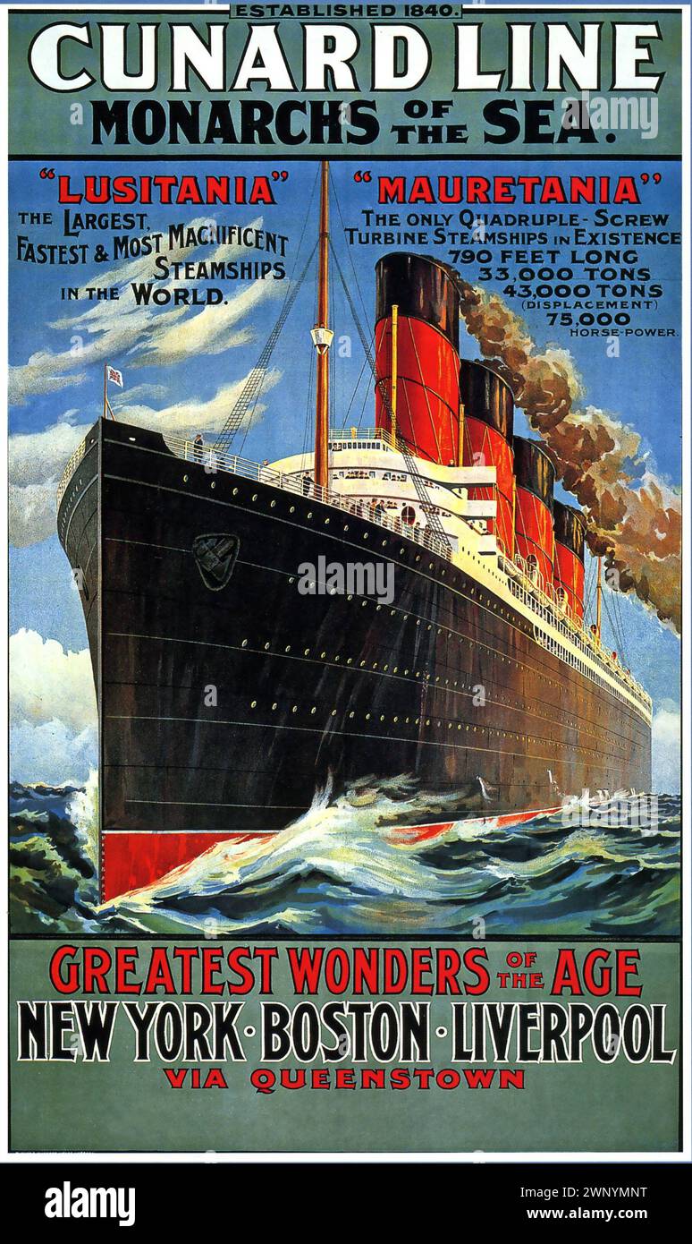 Vintage Travel Poster, Cunard Line, Monarchs of the Sea: Lusitania and ...