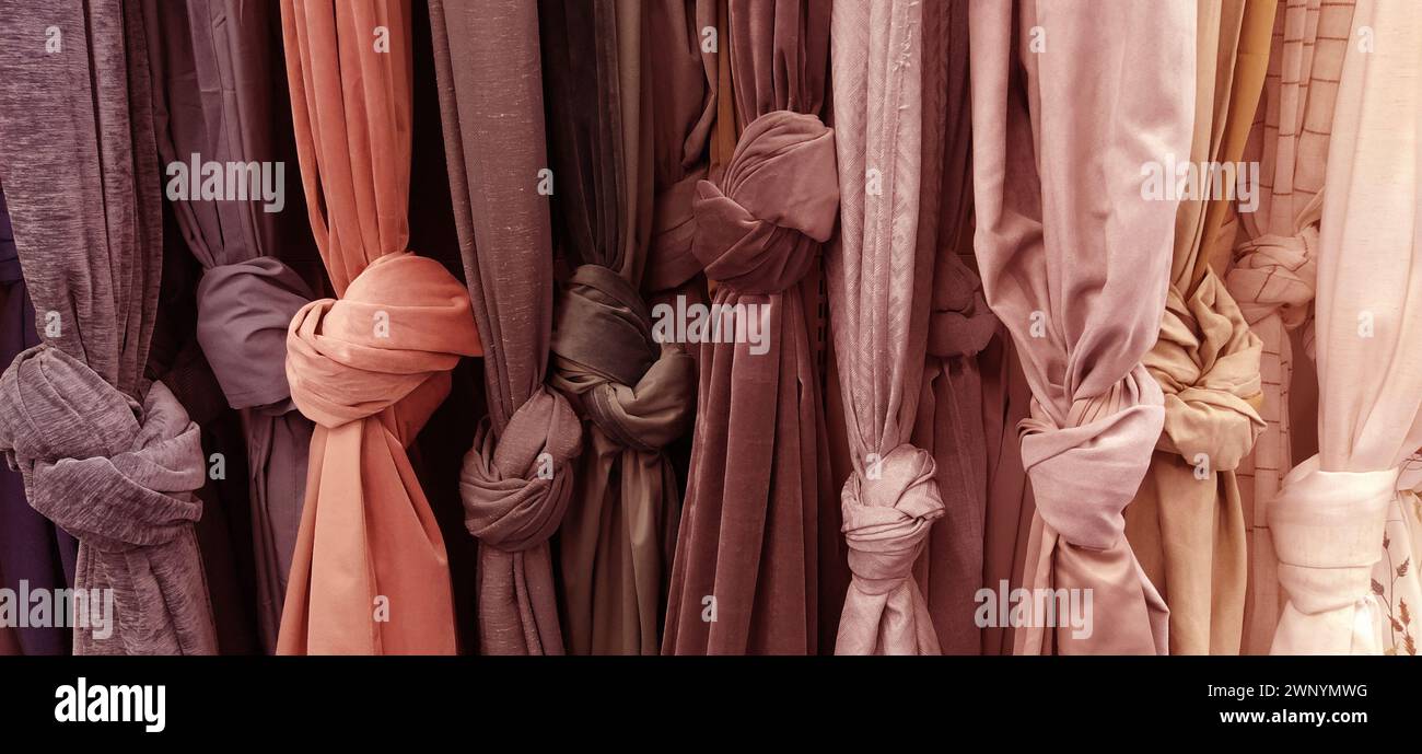 Curtain and fabric for drapery and interior decoration. Samples of ...