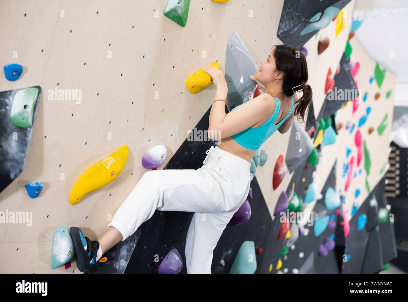 Sporty woman climbing on bouldering wall demonstrating physical strength, technical skill, and ...